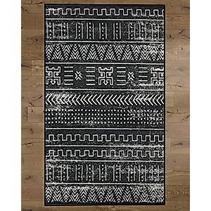 Deerlux Boho Living Room Area Rug with Nonslip Backing, Black Tribal Pattern, 4 x 6 Ft Small