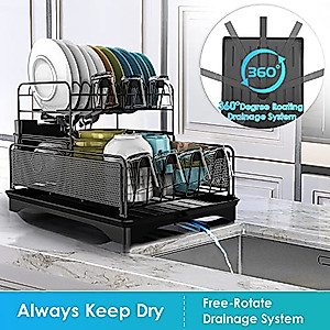 Wahopy Dish Drying Rack 2 Tiers Large Dish Rack Drainboard Set with Adjustable Swivel Spout, Utensil Cutlery Holder, Antislip Silicone Cap, Dish Drainer | Dish Strainer Rack for Kitchen Counter Sink