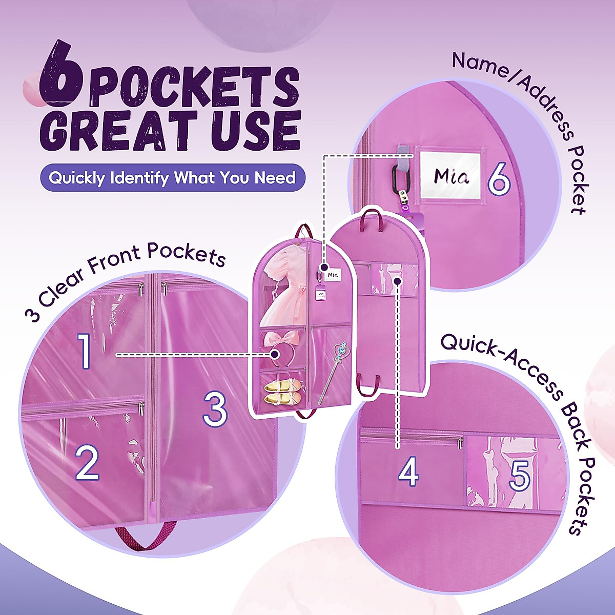 SNOWLYCNY 40" Dance Garment Bags for Dancers, Dance Costume Garment Bag with 6 Pockets for Travel, Clothing Storage and Competition, Kids Garment Bags for Hanging Clothes, Dress, 2 Pack, Purple