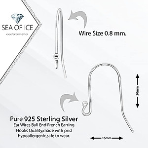 Sea of Ice 925 Sterling Silver Ear Wires Ball End French Earring Hooks for Drop Dangle Earrings Jewelry Making, DIY Jewelry Findings Parts 24 Pcs/ 12 Pairs