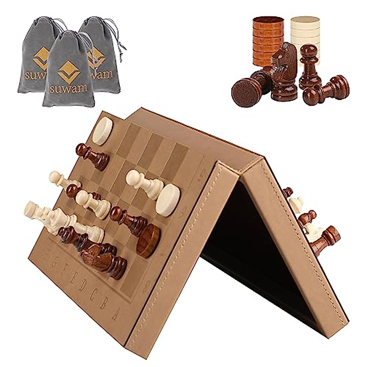 Magnetic Chess Sets - Chess & Checkers Board Game, suwam Portable Travel 12" Leather Chess Board Games, Beginner Large Chess Set for Kids and Adults