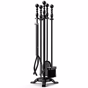 COMFYHOME 5 Piece Fireplace Tools Set, 32'' Heavy Duty Fireplace Tools with Stand, Fire Poker, Shovel, Tongs, Brush, Black Handle Fireplace Kits for Indoor Modern Chimney, Wood Stove, Outdoor Fire Pit