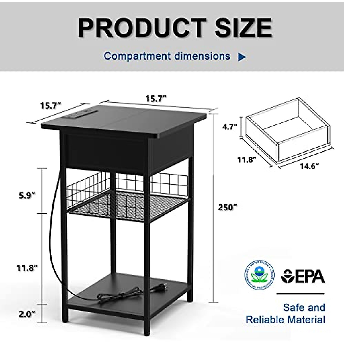 Nightstand with USB Ports and Outlets, Bedside End Table with Storage Shelf Bed Couch Sofa Side Table with Charging Station Rustic Accent Table Small Wood Night Stands for Bedroom, Living Room, Black