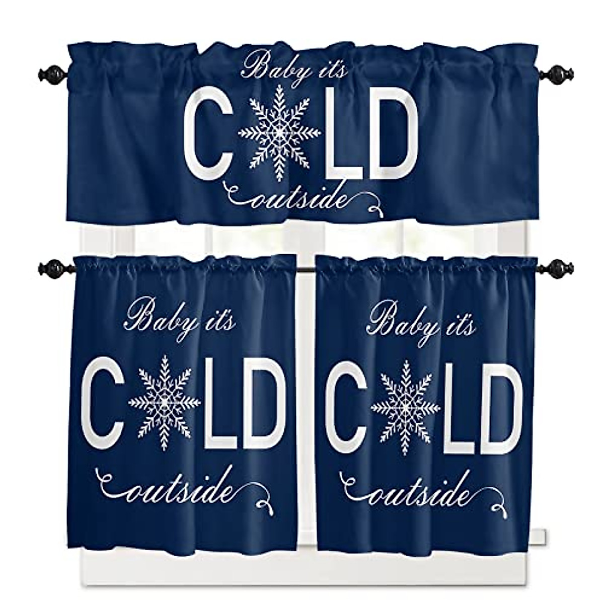 Gehucoxee Kitchen Curtains and Valance Set, Christmas Curtain Valance and Tier Rod Pocket Window Curtain Tiers for Bedroom Bathroom 3 Piece Curtain 24 Inch Length Cold Winter Snowflakes Blue Backdrop