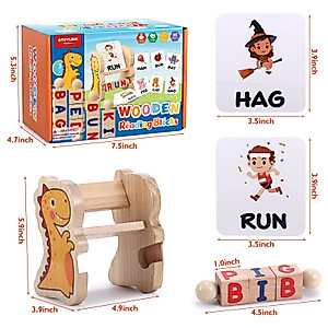 Atoylink Wooden Reading Blocks Spelling Games with Sight Word Flash Cards Turning Rotating Letters Dinosaur Toy Preschool Spinning Alphabet Matching Letter Montessori Learning Toys for Kids Boys Girls