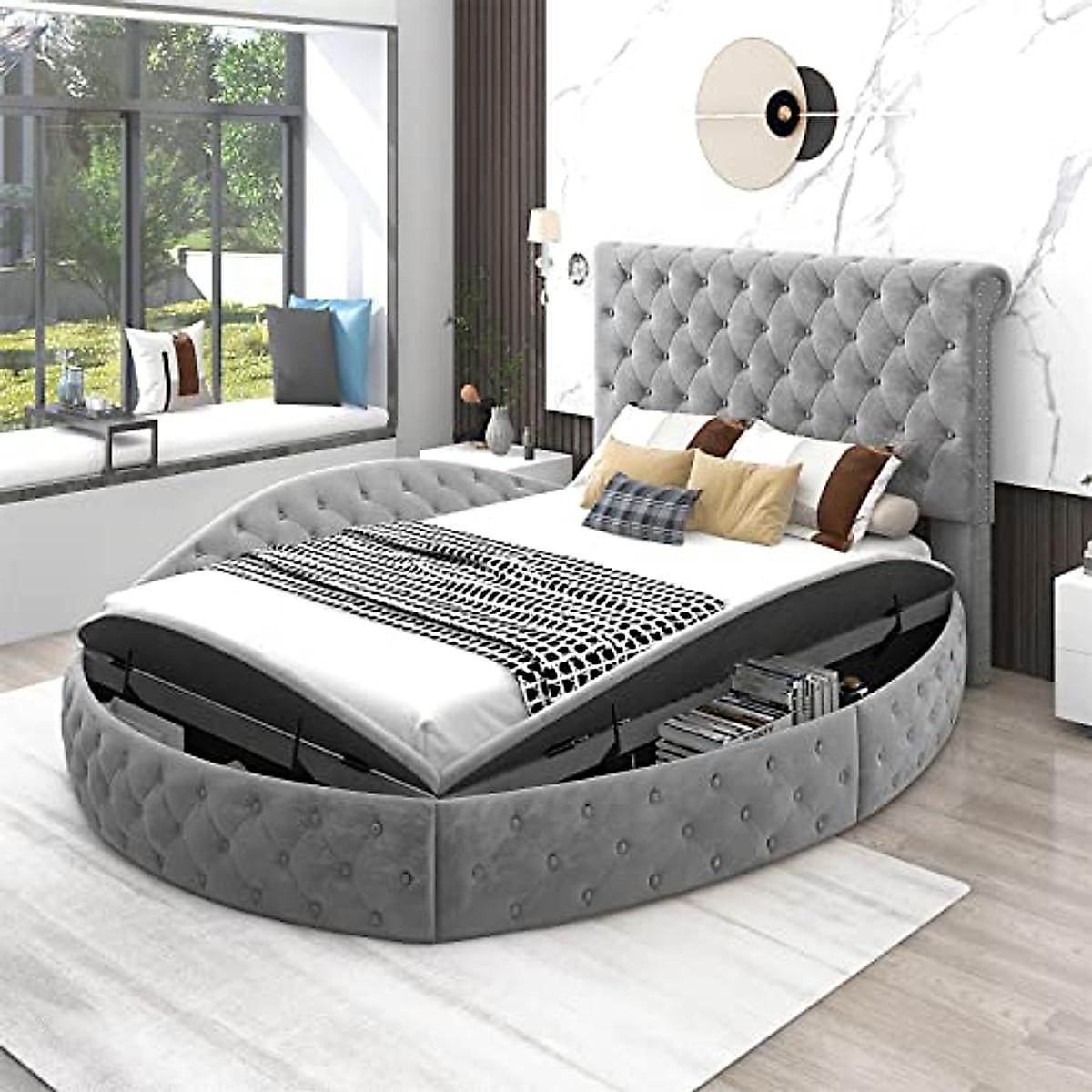 Round Upholstered Full Beds with Storage Modern Velvet Platform Bed with Deep Button Tufting Headboard and Footboard Tufted Bed with Storage Compartments in Rails and Ottoman, Gray