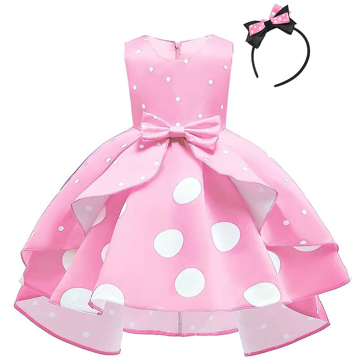 IBTOM CASTLE Girls Polka Dot Halloween Christmas Princess Party Cosplay Pageant Fancy Costume Tutu Birthday Dress up+ Mouse Ears Headband Vacation Ladybug Mini Theme Park Sundress Hilow-Pink 2-3T