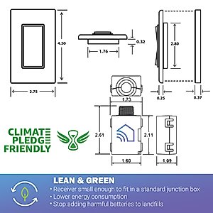RunLessWire 3-Way Remote Light Switch Kit Wireless Battery-Free Self-Powered Kinetic DIY Wall Switch 150ft RF Range - 3 Way: 1 On/Off Receiver, 2 Switches - White