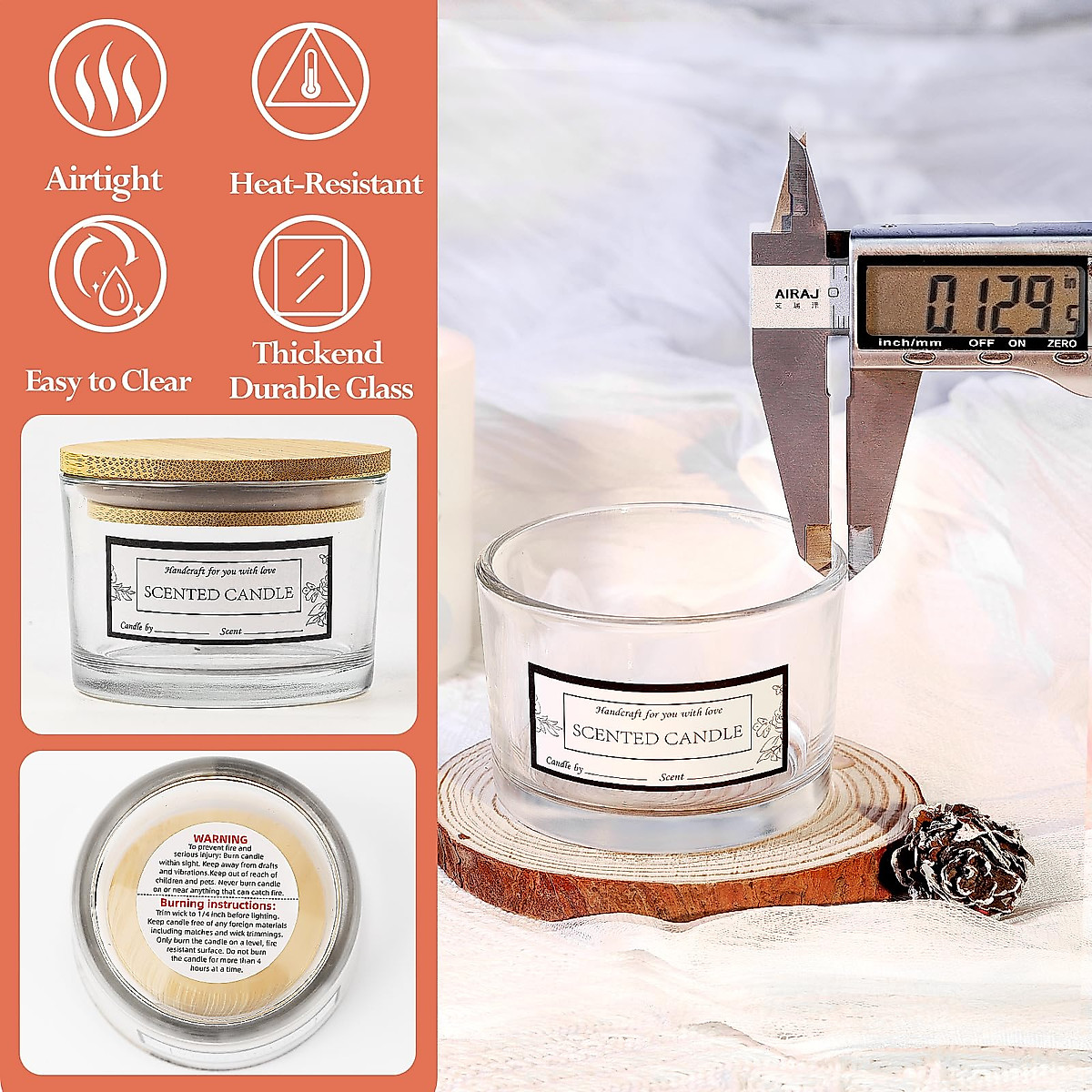 CONNOO 15 Pack 4 OZ Clear Glass Candle Jars with Airtight Bamboo Lids for Making Candles, Bulk Small Wide Mouth Empty Candle Containers with Sticky Warning Labels - Dishwasher Safe