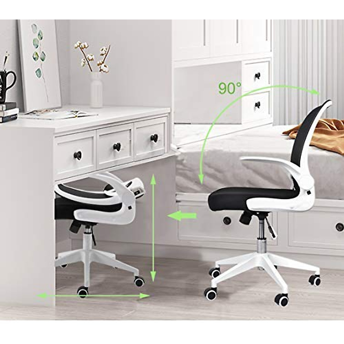 BINGTOO Ergonomic Office Chair with Lumbar Support, Foldable Mesh Backrest Computer Desk Chair for Home Office - Adjustable Height with Flip-up Arms and Wheels (Black)