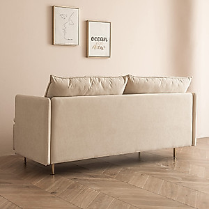 kevinplus 64'' Loveseat Sofa Couch with Arm for Living Room Bedroom Small Space, Modern Mid Century Upholstered Love Seat Sofa Cloud Couch for Apartment, Gold Metal Leg & Cotton Linen Fabric, Beige