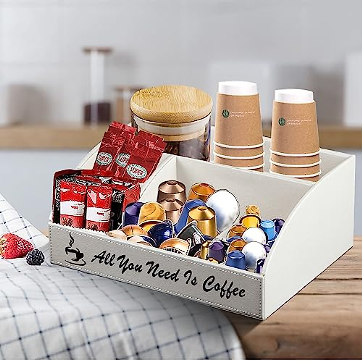 Militwo PU Leather Coffee Station Organizer, Countertop Coffee Bar Accessories Tea Bag Organizer Coffee Pods Drawer Holder and Organizer for Coffee Bar Decor, Coffee Lovers Gift White
