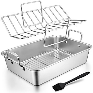 Stainless Steel Roasting Pan with Rack, HaSteeL Large 15.2In Lasagna Roaster Pan, Baking Rack, V-shaped Rack & 8In Basting Brush, Great for Turkey/Chicken/Veggies, Heavy Duty & Dishwasher Safe - 4Pcs