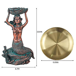 JUNIQUTE Outdoor Mermaid Statue,Mermaid Solar with Plates Garden Figurine,Mermaid Bird Bath Feeder,Mermaid Garden Decor for Patio Lawn Yard Display Decor(Bronze)