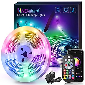 Nexillumi Led Lights for Bedroom 65.6ft (1 Rolls of 65.6ft) with Color Changing Strip Lights with Remote and APP Control RGB Lighting Strip for Indoor Party Home Room Decor and 24V Power Supply