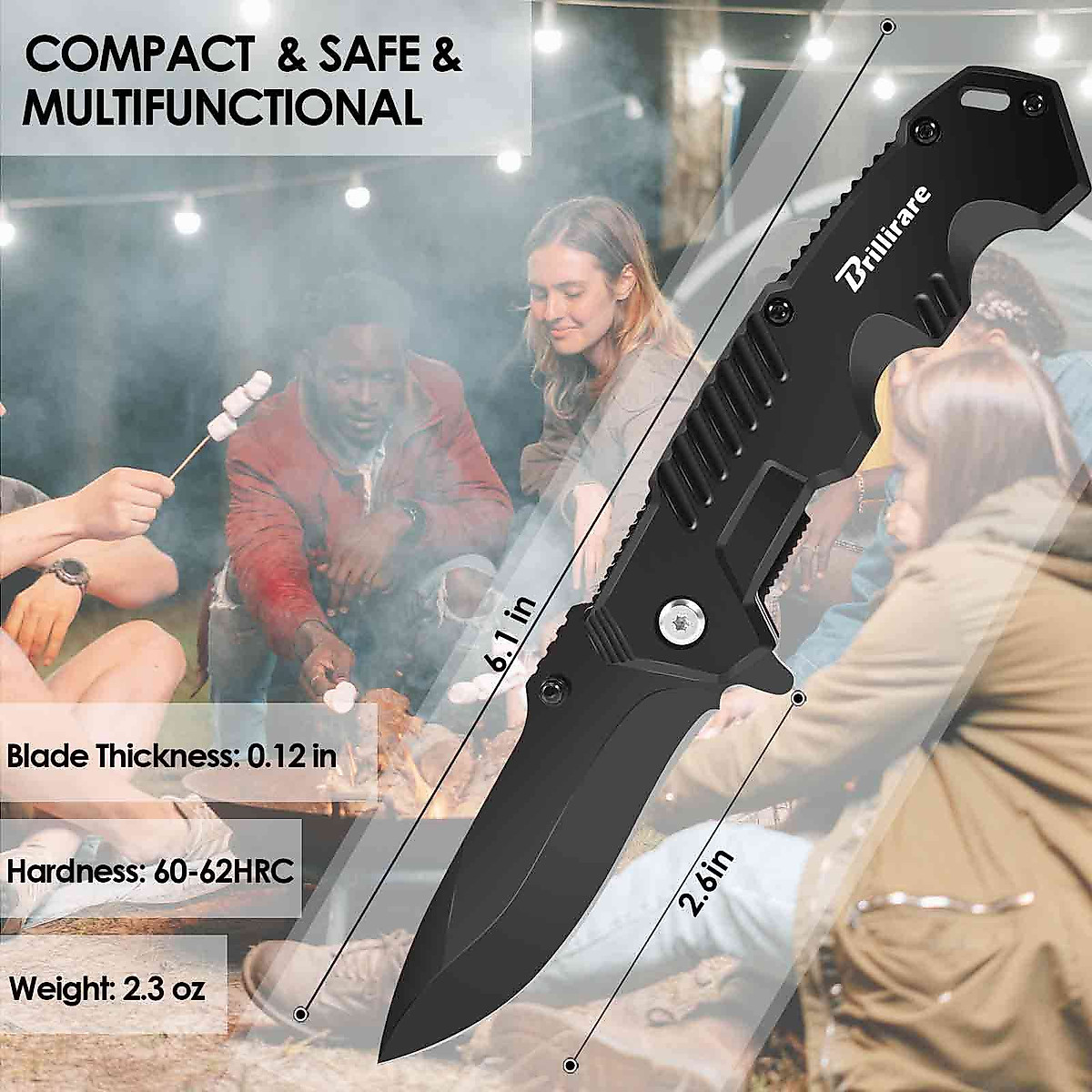 BRILLIRARE Pocket Knife, Folding Tactical Knives Blade 2.6in, Foldable Survival Small Knife with Clip, Button Lock & Glass Breaker, Everyday Carry EDC Knife for Hunting Camping Hiking