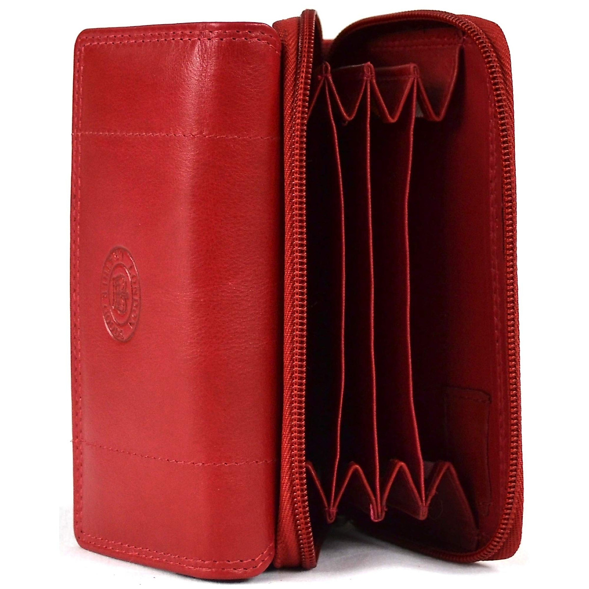 Ladies Soft Nappa Leather Zip-around Wallet, Double Credit Card Swing Section (Dark Red)