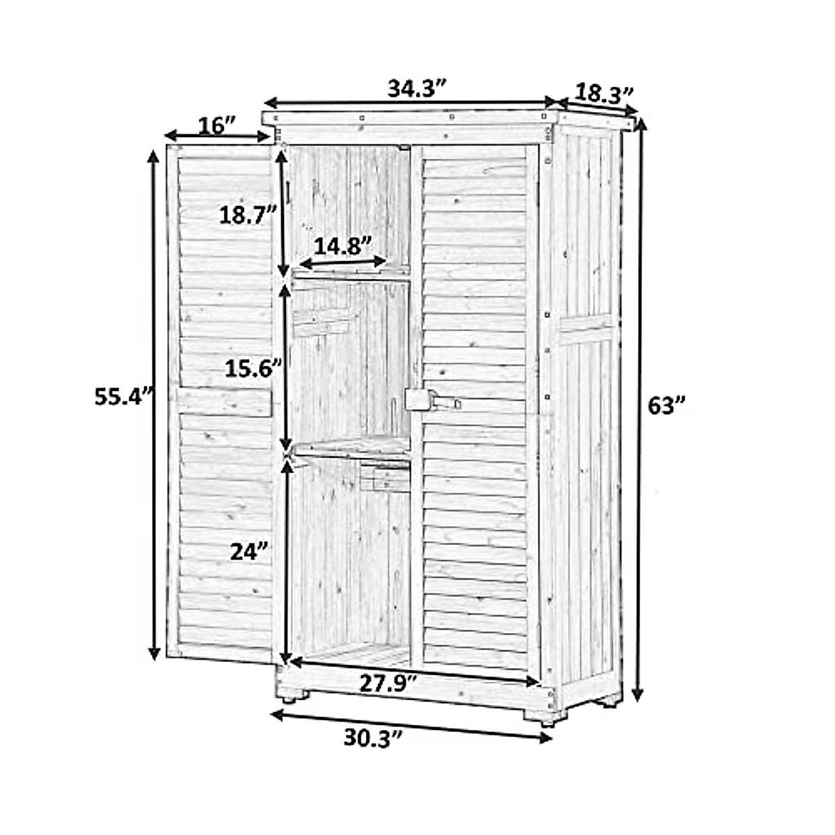 LUMISOL 34" x 18" x 63" Wooden Garden Shed, Outdoor Storage Cabinet with Removable Shelves, Waterproof Asphalt Roof, Adjustable Footpads, Tool Shed with Latch for Backyard, Patio, Lawn (Gray)