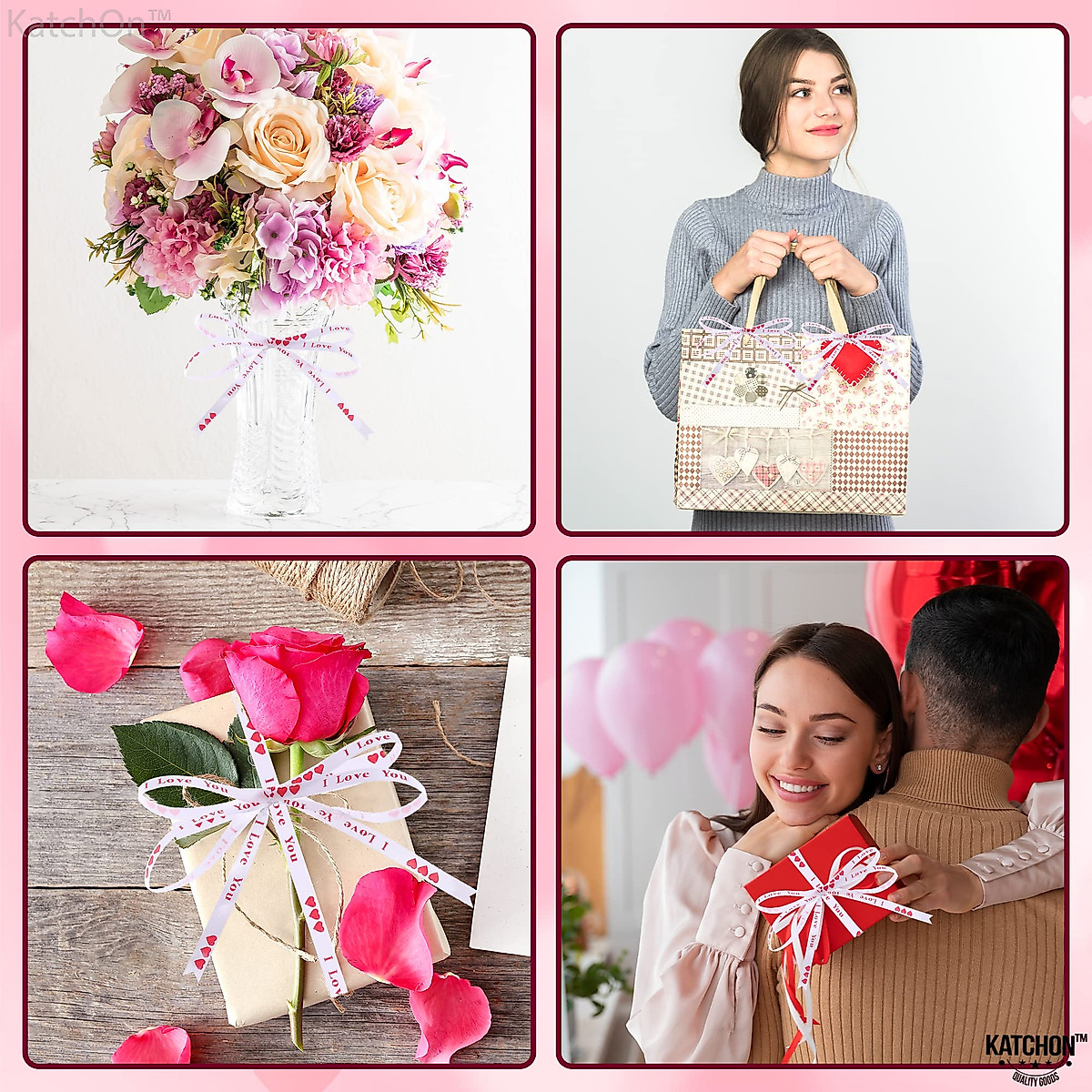 Valentine I Love You Ribbon Roll - 100 Yards, Red Heart Ribbon Wired | Red and White Valentine Ribbon for Gift Wrapping | Hearts Print Valentines Ribbon for Flower Crafts | Valentine Curling Ribbon