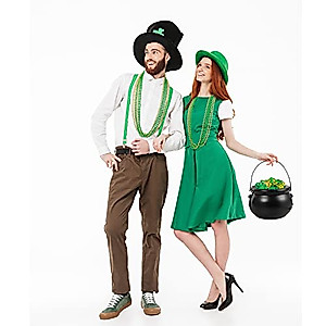 307 Pcs St Patrick's Day Black Candy Cauldron Kettle with Handle Set Shamrock Leprechaun Coin Gold and Green Gem Clover Necklace Lucky Plastic Jewelry Treasure Pot for Saint Patty's Day Party Decor