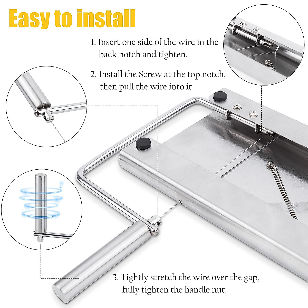 PL ZMPWLQ Cheese-Slicers with Wire, Cheese Slicer Stainless Steel with 4 Replacement Wires Cheese Cutters Accurate Size Scale,Wire Cheese Slicer for Soft Cheese, Cheese Cutter Wire Cheese Slicer