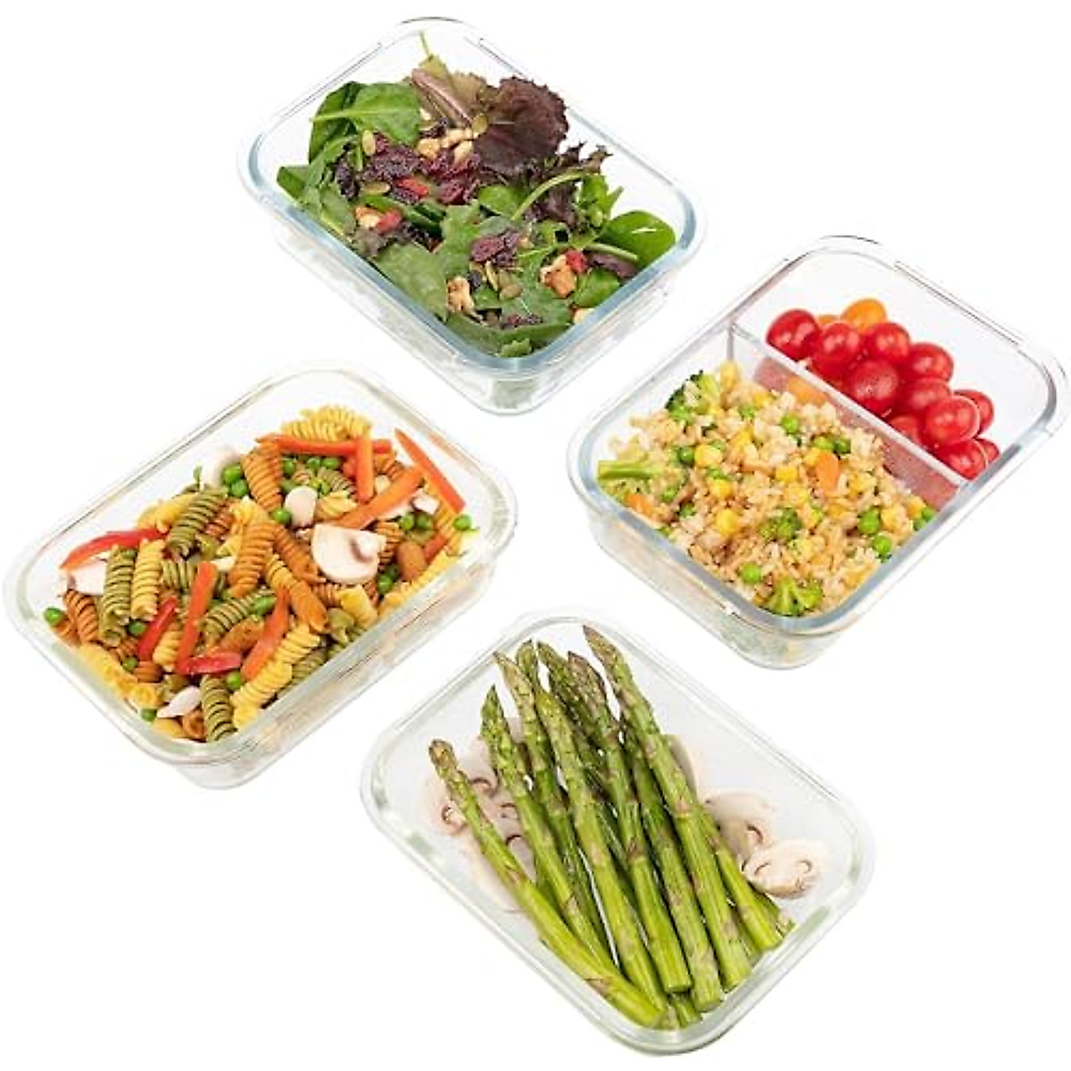 JINAMART Glass Food Containers with Airtight, Leak Proof, BPA Free Lids (Set of 4 Food storage Containers - 2 Bento Boxes, 2 Full Containers)