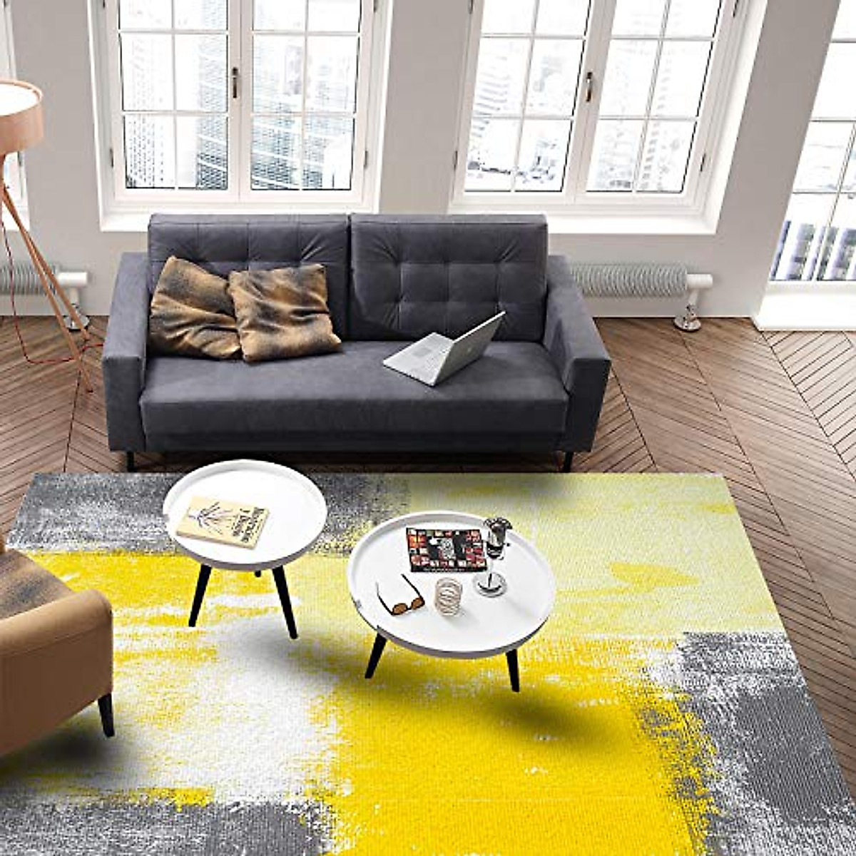 Yellow Area Rug 2'8"x5' for Living Room Bedroom Modern Abstract Gray Rug Soft Shag Rugs Non-Slip Entryway Carpet Non-Shedding Playing Mat for Kids Nursery Room Washable Rug
