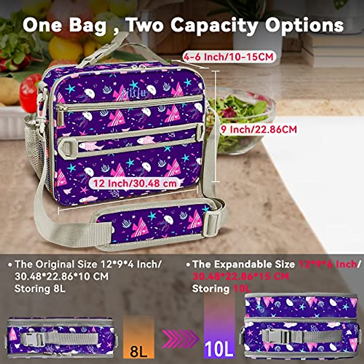 Jiltlu Kids Insulated Lunch Bags, Boys Girls Expandable Lunch Box Reusable Leakproof Portable with Removable Shoulder Strap for School Office Picnic-Olive Green-Dino