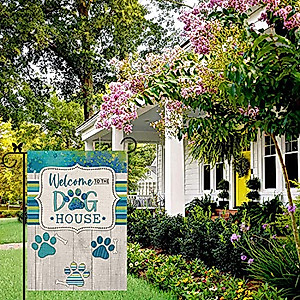 Dog Garden Flag Welcome to Dog House Cute Striped Vertical Burlap Double Sided Outdoor Decor Yard Lawn Home Decoration 12.5 x 18 Inch