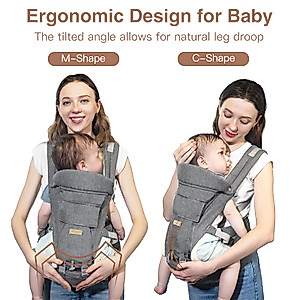 Baby Carrier with Hip Seat, 6-in-1 Baby Carrier Newborn to Toddler, Head Support and Breathable Mesh, Adjustable Removable Soft Ergonomic Baby Sling Carrier (7-41 lbs) for Everyday Family Events, Grey