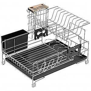 slhsy Dish Drying Rack, Stainless Steel 2-Tier Dish Rack with Cup Holder Utensil Holder Cutting Board Holder Knife Holder Drain Board for Kitchen Counter