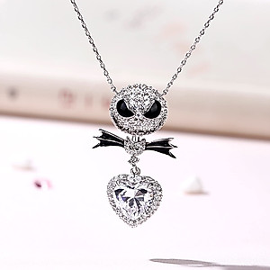 Jeulia 2.5 Carat Nightmare Necklace 925 Sterling Silver Jack and Sally Skull Pendant Necklace Heart Necklace for Women Birde Romantic Jewelry Gift for Her (Silver)