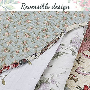 Cozy Line Home Fashions Floral Real Patchwork Green Peach Scalloped Edge Country 100% Cotton Quilt Bedding Set, Reversible Coverlet Bedspread (Celia, King - 3 Piece)