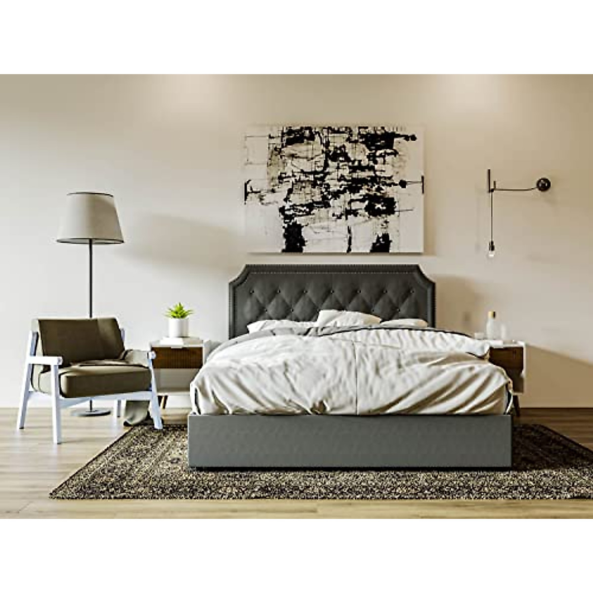 DG Casa Ardon Upholstered Platform Bed Frame with Storage Diamond Button Tufted Nailhead Trim Adjustable Height Headboard Full Wooden Slats - Queen Size Bed in Grey Fabric