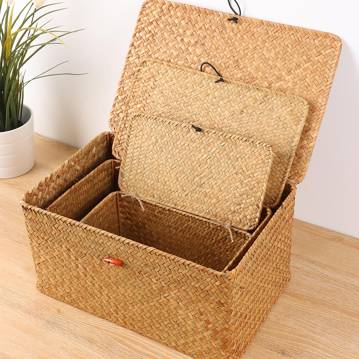 Moosky Wicker Shelf Baskets with Lid,Natural Seagrass Storage Basket Boxes Handwoven Rectangular Baskets Bins Multipurpose Home Organizer Decor (Large)