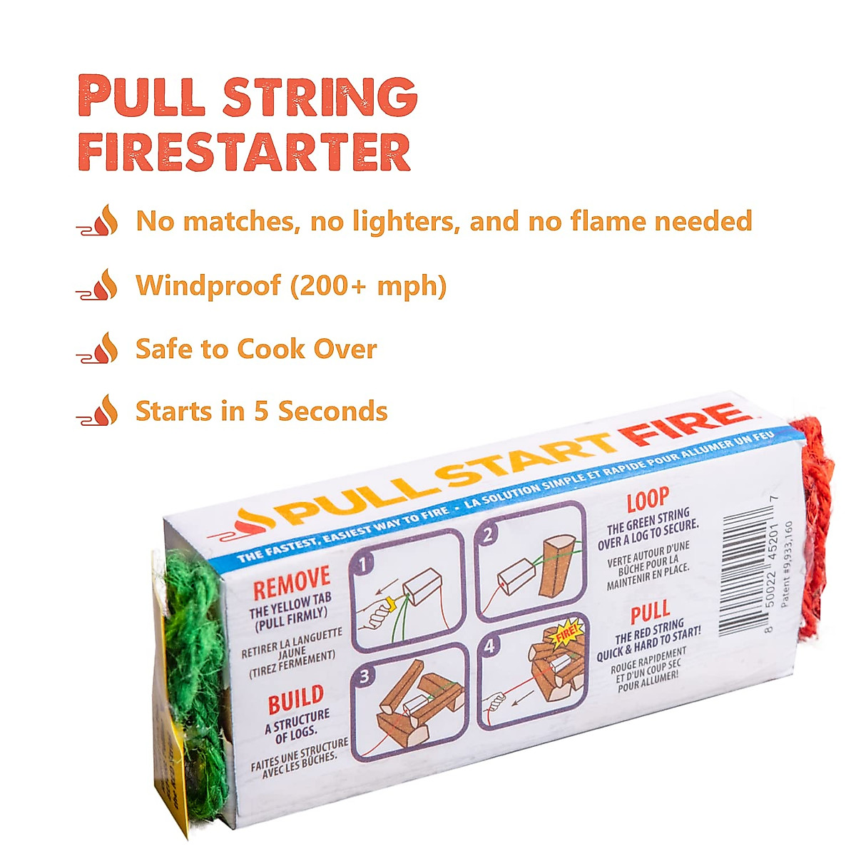 Pull Start Fire Pull String Firestarter | No Matches Required, Fire Starts in Seconds | for Campfires, Grill, Fireplace, BBQ | Lights Wet Wood, Easy to Use, Food Safe and Weather Resistant | 6 Pack