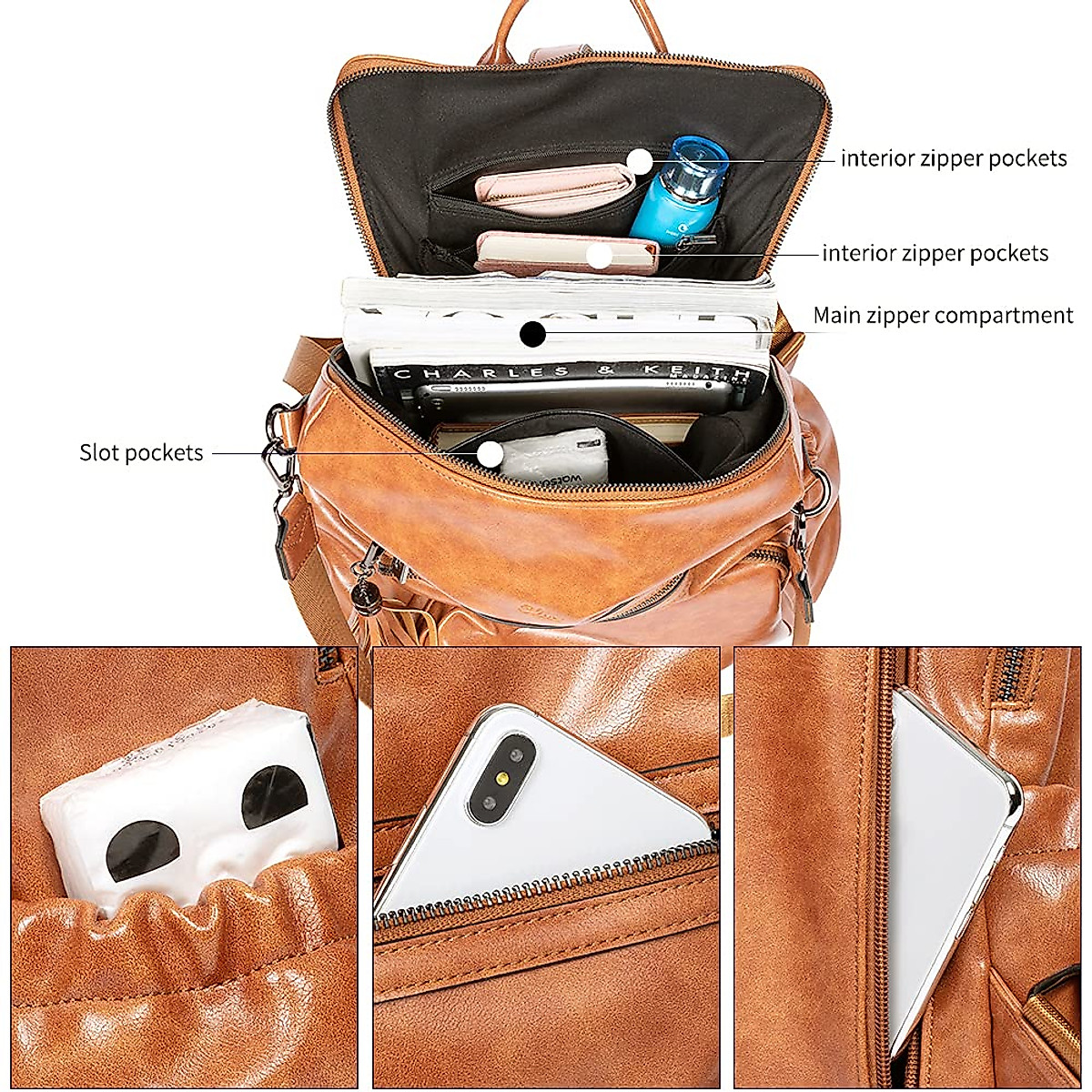 CLUCI Backpack Purse for Women Fashion Crossbody Bags Purses for Women, Leather Messenger Tassel Bag, Medium Travel Handbags Multiple Pockets, Fall Vintage Shoulder Bags Brown