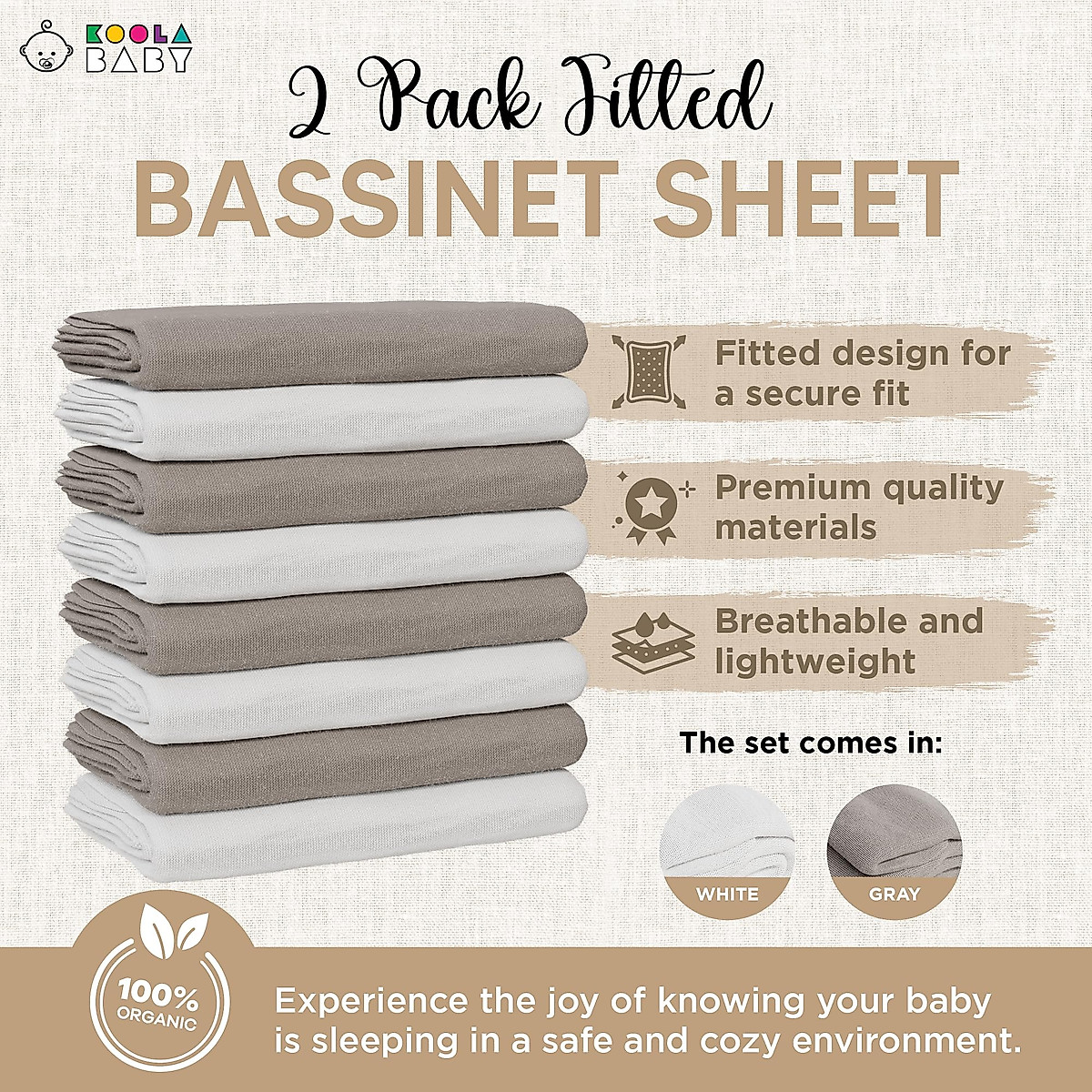 Bassinet Sheet for Bassinet Mattress - 100% Organic Jersey Knit Cotton - Snuggly Soft & Cozy Sheets Fitted for Oval Rectangle & KoolaBaby Bedside Sleeper - White & Grey 2 Pack