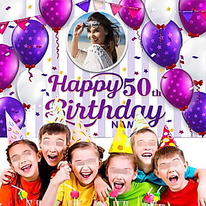 Custom Happy 50th Birthday Decoration Banner - Personalization Available, Purple, Large Size - Custom Photos and Names