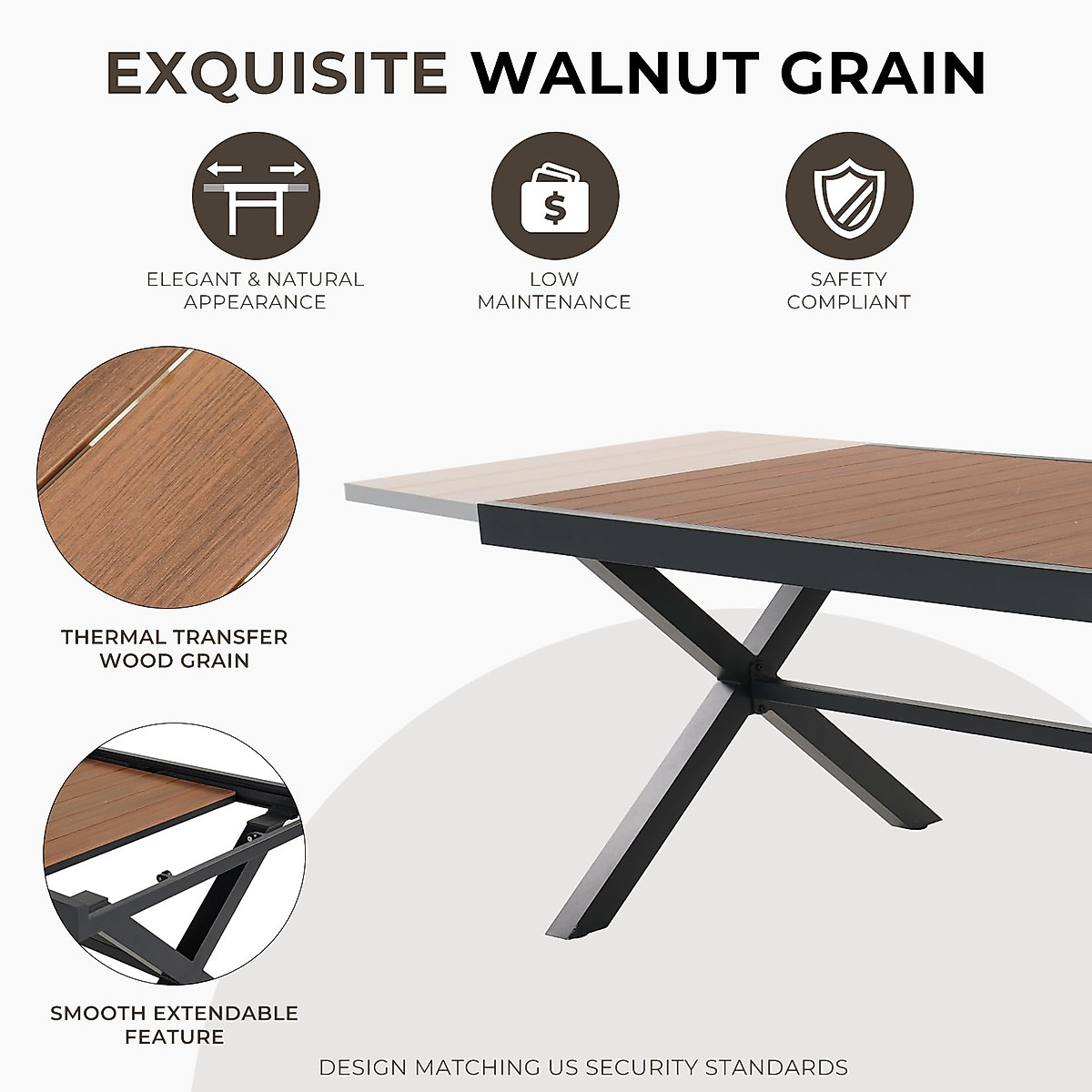 Grand patio 7-Piece Outdoor Dining Set, 6 Extra-Wide Foldable Chairs & 1 Extendable Table, UV-Resistant Mesh Patio Furniture Set, Wood Grain Tabletop for Garden, Yard and Terrace, Black