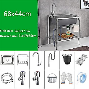 MARQI Kitchen Free Standing Sink 304 Stainless Steel Single Bowl Sink, Commercial Restaurant Sink with Faucet Drain Basket, Shelf, Towel Bar, for Garage, Laundry Room, Outdoor