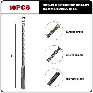 Sabre Tools 10-Pack 1/4 Inch x 6 Inch SDS Plus Rotary Hammer Drill Bits, Carbide Tipped for Brick, Stone and Concrete (1/4” x 4" x 6")