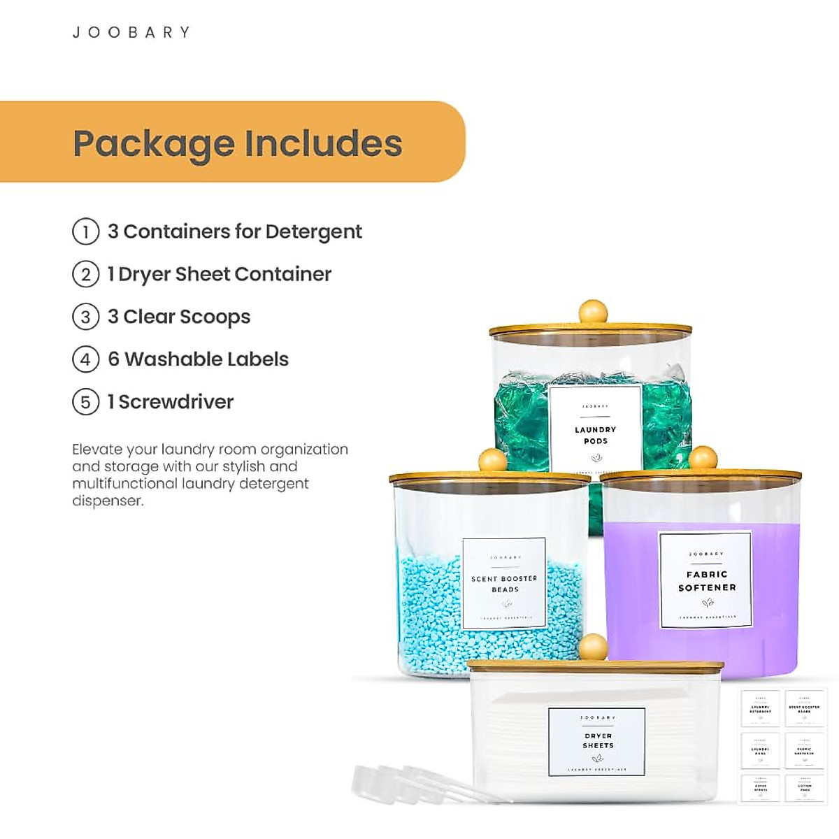 JOOBARY Laundry Detergent Dispenser Containers - 4 Pack Laundry Powder Container & Dryer Sheet Holder , Laundry Room Organization And Storage , Laundry pods Soap Dispenser,Laundry Labels,Beads