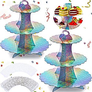 2 Pieces 3-Tier Round Cupcake Stand Rainbow Cardboard Cupcake Stands with 10 Pieces Cupcake Wrappers Dessert Tower Pastry Display Stand Set for Baby Shower Wedding Birthday Party