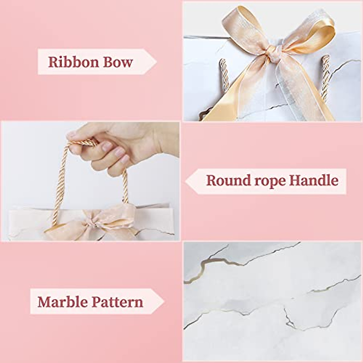 Homelove 8 Pieces Large Gift Bags,10.6" X 4.7" X 11.8" Marble Pattern Gift Bag with Ribbon Bow, Waterproof Paper Gift Bag for Holiday Birthday Christmas Wedding Party
