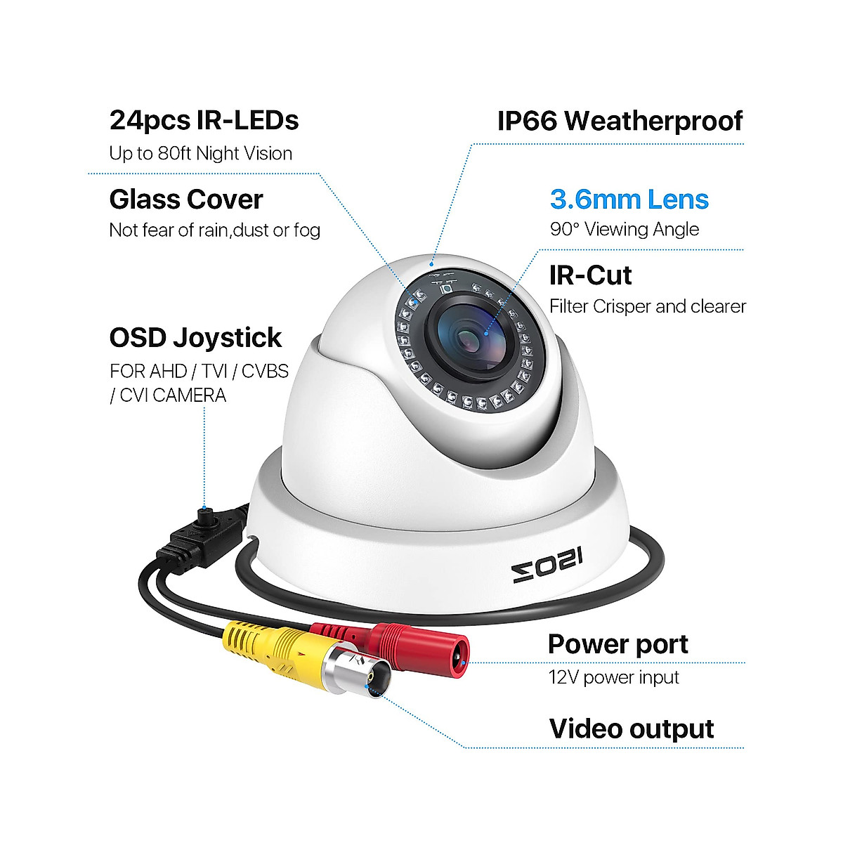 ZOSI 2.0MP HD 1080P 1920TVL Hybrid 4-in-1 TVI CVI AHD 960H CVBS CCTV Dome Camera Indoor Outdoor ,80ft Day Night Vision Aluminum Metal Housing For HD-TVI, AHD, CVI, and CVBS/960H analog DVR(White)