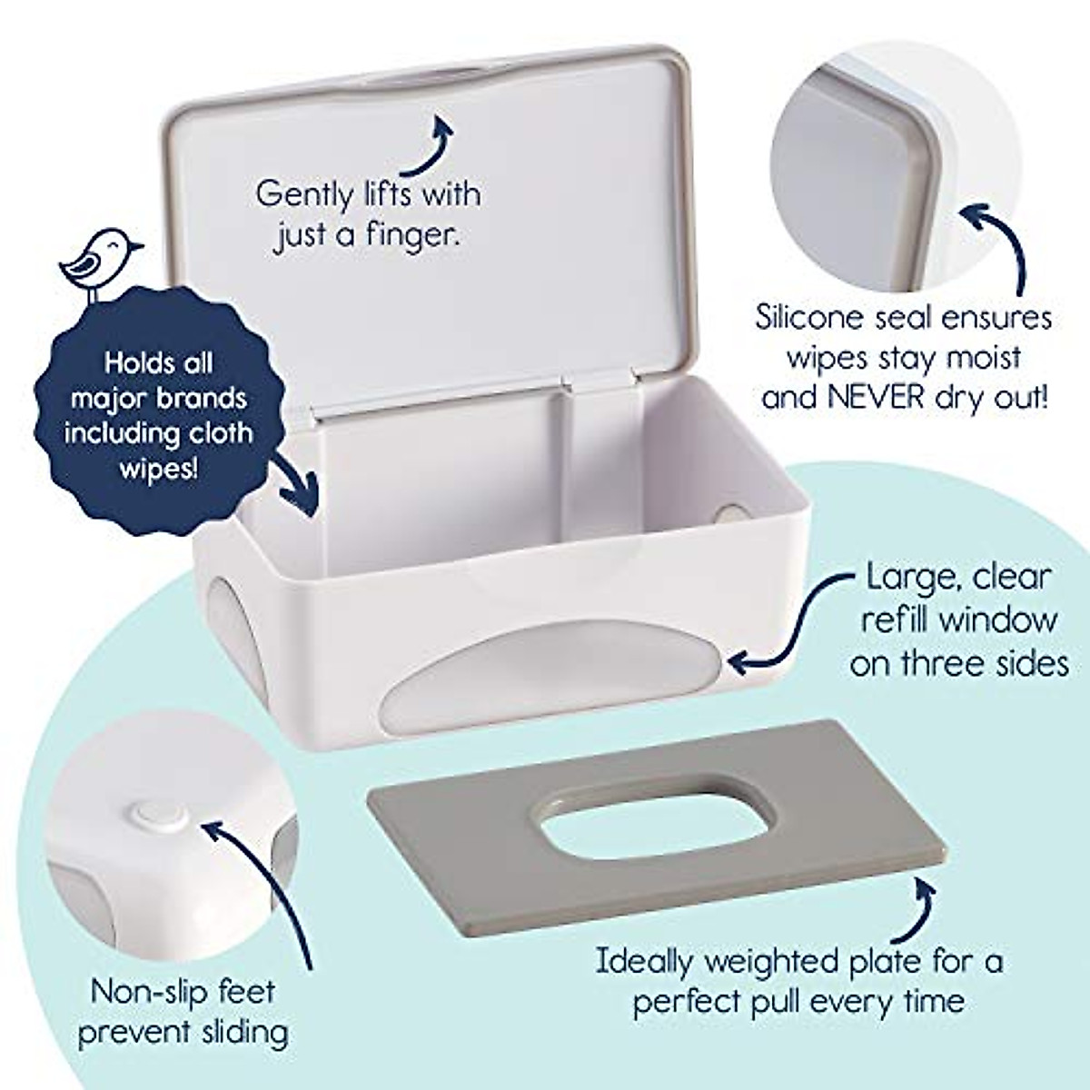 hiccapop Diaper Wipes Dispenser Baby Wipes Case | Baby Wipe Holder Keeps Wipes Fresh | Non-Slip, Easy Open & Close Wipe Container (Gray w/Clear Window)