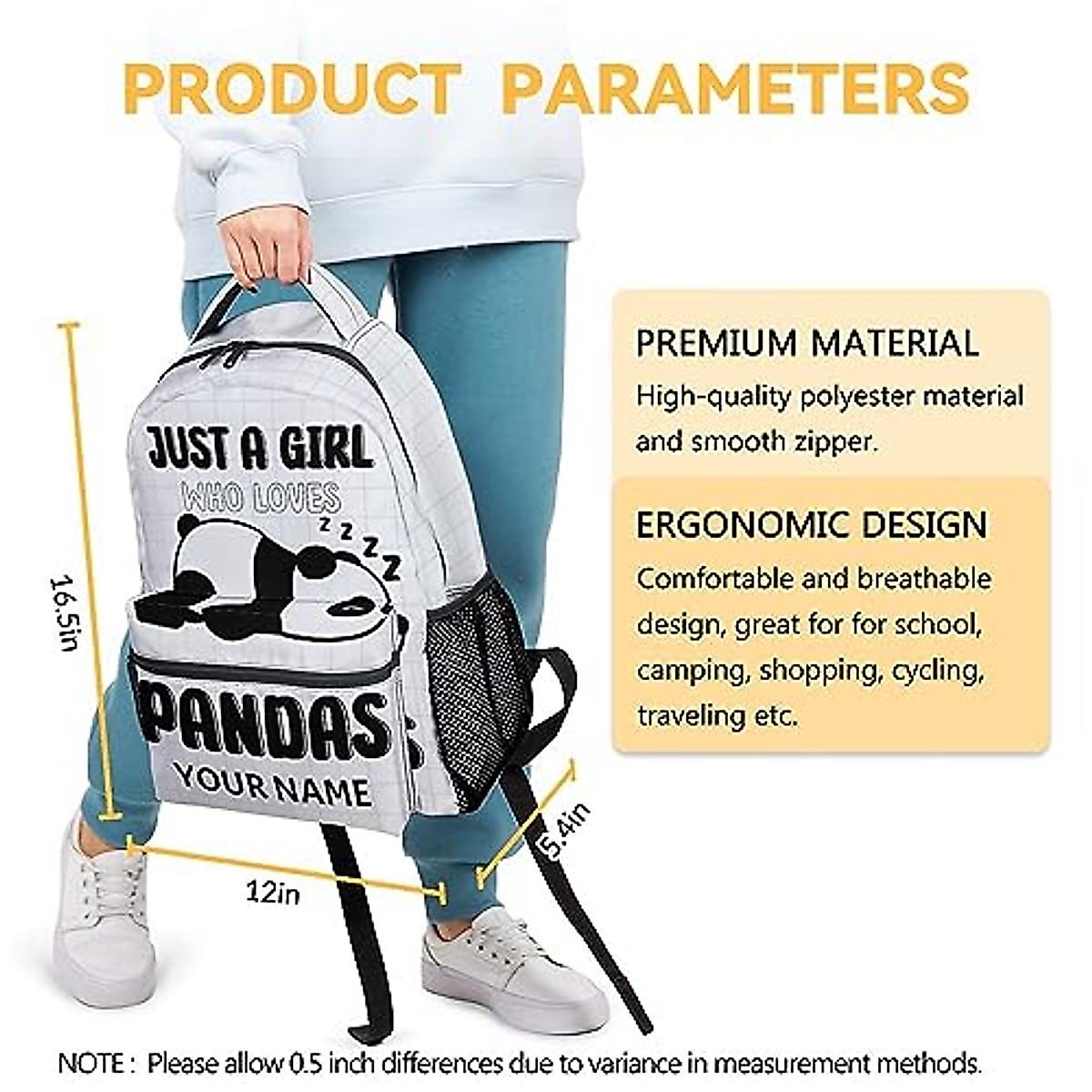 FUZZYFIT Personalized Panda Backpacks for Girls, 16 Inch Cute Print Backpack for School, White Lightweight Bookbag for Travel