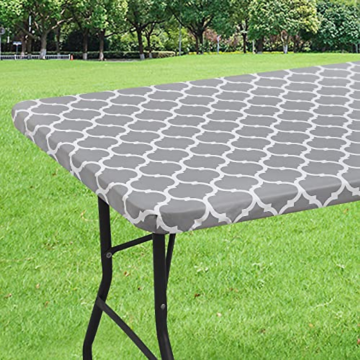 smiry Rectangle Tablecloth, Waterproof Elastic Fitted Table Covers for 6 Foot Tables, Wipeable Flannel Backed Vinyl Tablecloths for Picnic, Camping, Indoor, Outdoor (Grey Morocco, 30x72 Inches)