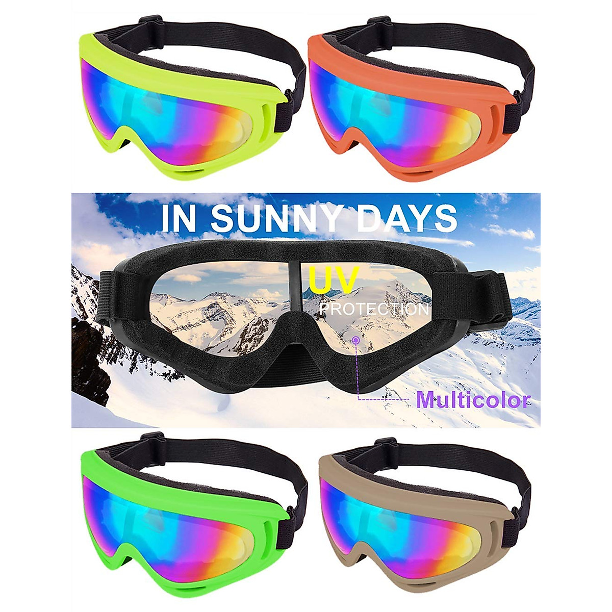 LJDJ Ski Goggles, Pack of 4 - Snowboard Adjustable UV 400 Protective Motorcycle Goggles Outdoor Sports Tactical Glasses Dust-Proof Combat Military Sunglasses for Kids, Boys, Girls, Youth, Men, Women